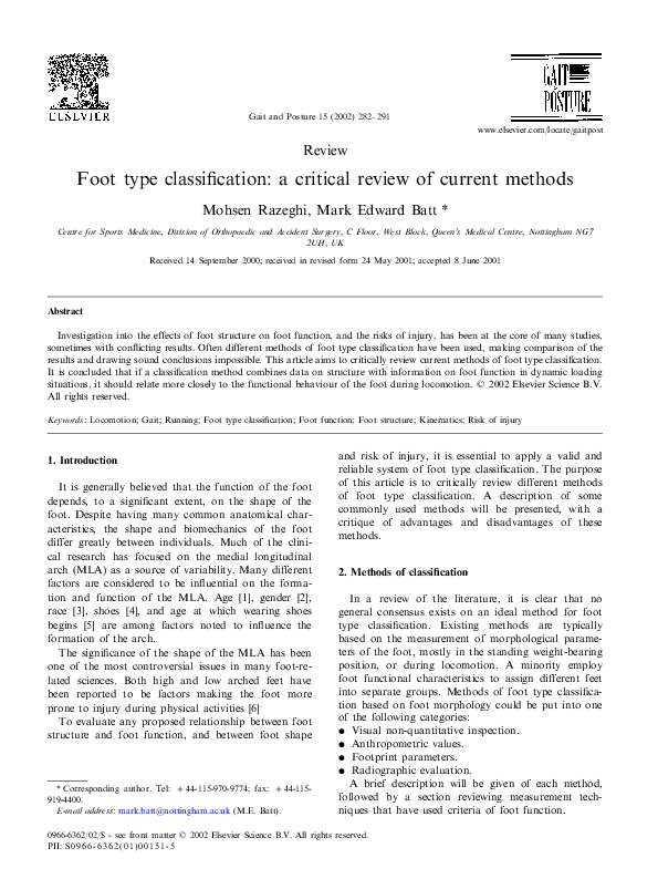 (PDF) Foot type classification: a critical review of current methods
