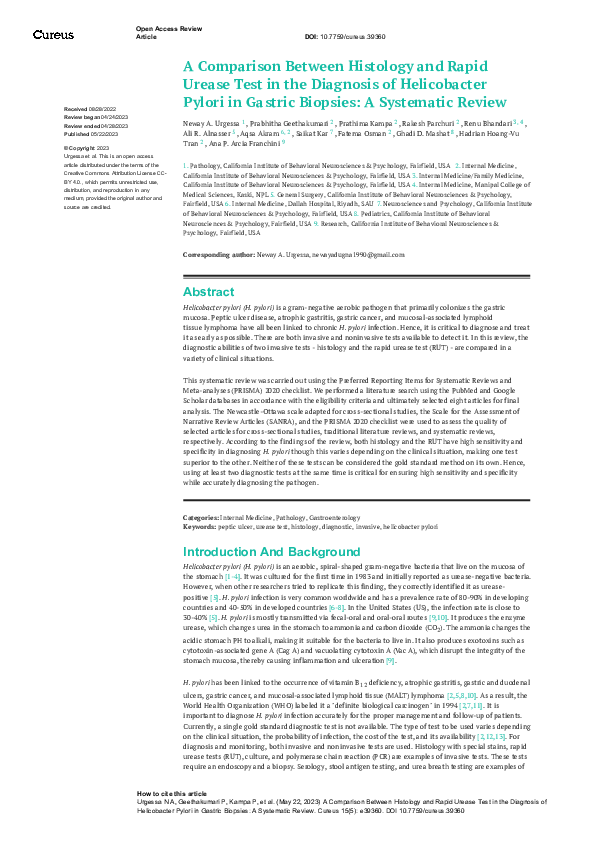 (PDF) A Comparison Between Histology and Rapid Urease Test in the ...