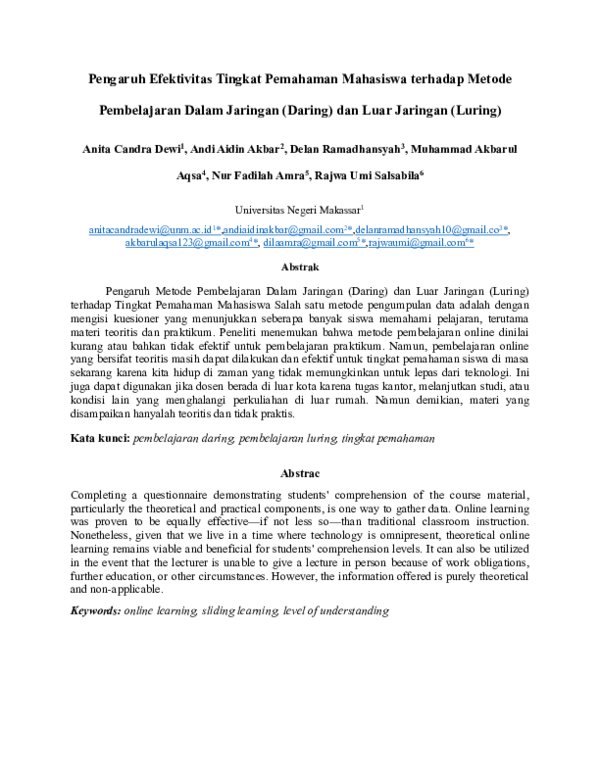 (PDF) Pengaruh Efektivitas Tingkat Pemahaman Mahasiswa terhadap Metode Pembelajaran Dalam ...