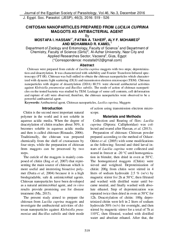 (PDF) Chitosan Nanoparticles Prepared from Lucilia Cuprina Maggots as ...