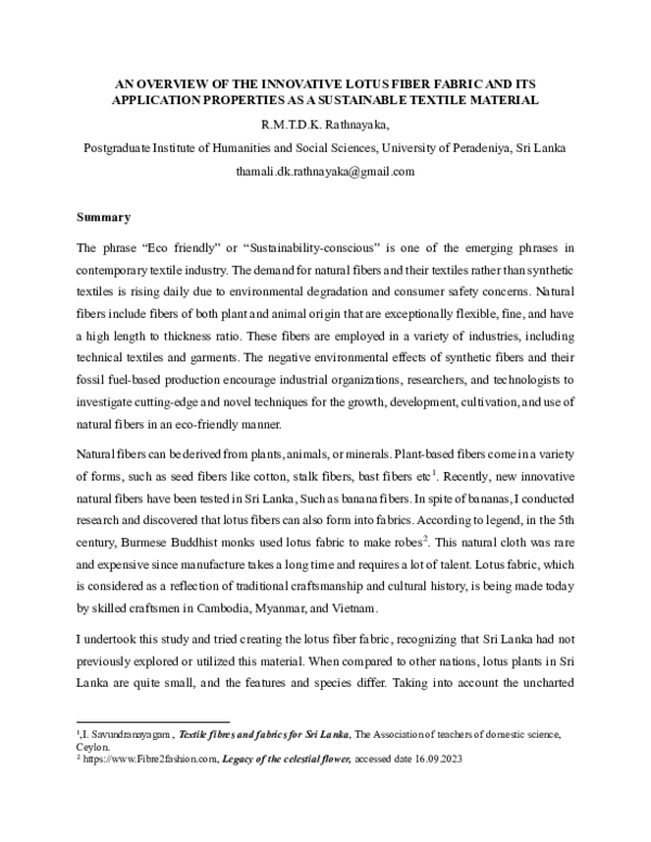 (PDF) AN OVERVIEW OF THE INNOVATIVE LOTUS FIBER FABRIC AND ITS ...