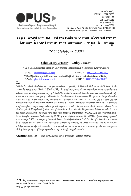 (PDF) Yaşlı Bireylerin ve Onlara Bakım Veren Akrabalarının İletişim Becerilerinin İncelenmesi ...