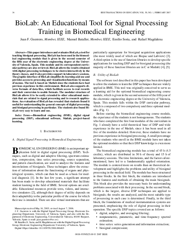 (PDF) BioLab: An Educational Tool for Signal Processing Training in ...