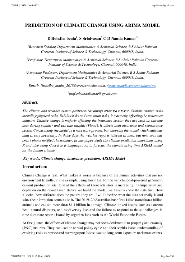 (PDF) Prediction of Climate Change Using Arima Model