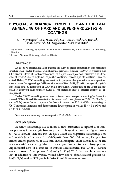(PDF) PHYSICAL, MECHANICAL PROPERTIES AND THERMAL ANNEALING OF HARD AND SUPERHARD Zr-Ti-Si-N ...