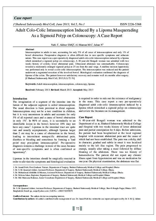 Pdf Adult Colo Colic Intussusception Induced By A Lipoma Masquerading As A Sigmoid Polyp On