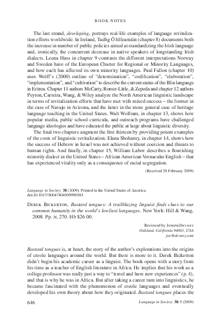 (PDF) Derek Bickerton, Bastard tongues: A trailblazing linguist finds ...