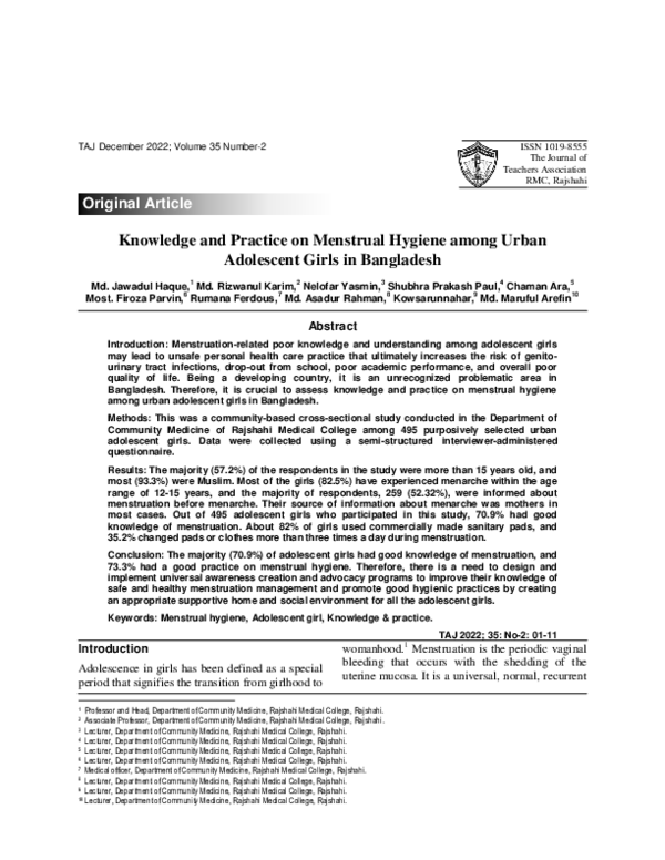 Pdf Knowledge And Practice On Menstrual Hygiene Among Urban