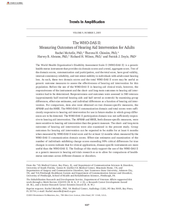 (PDF) The WHO-DAS II: Measuring Outcomes of Hearing Aid Intervention ...