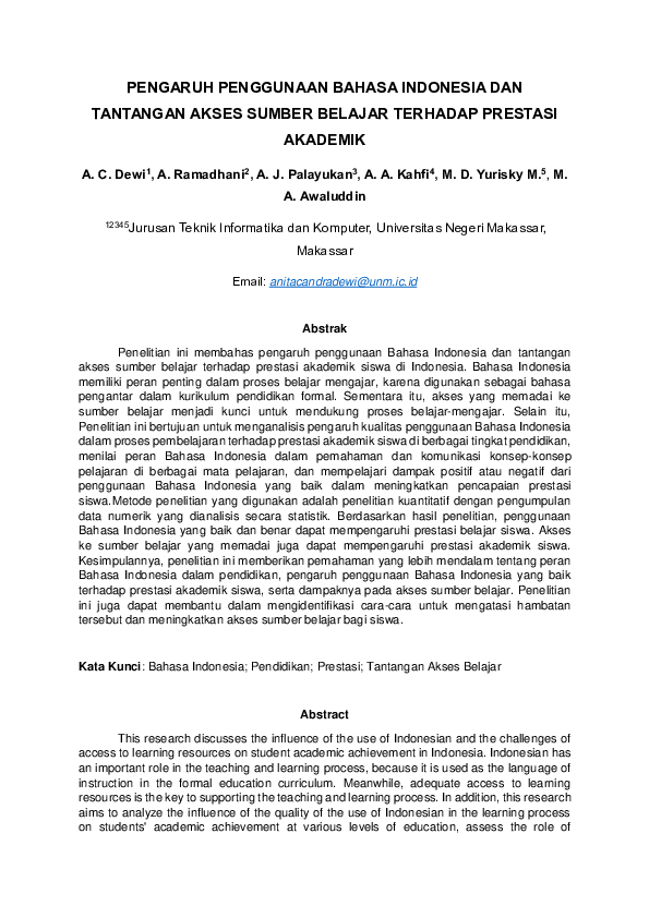 (PDF) PENGARUH PENGGUNAAN BAHASA INDONESIA DAN TANTANGAN AKSES SUMBER BELAJAR TERHADAP PRESTASI ...