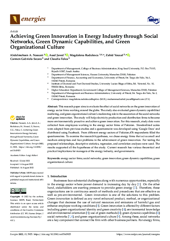 (PDF) Achieving Green Innovation in Energy Industry through Social ...