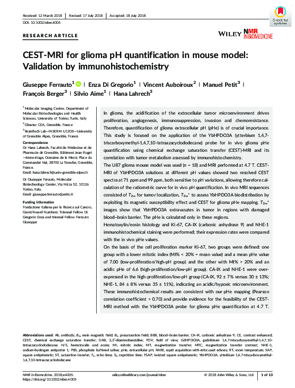 (PDF) CEST‐MRI for glioma pH quantification in mouse model: Validation by immunohistochemistry