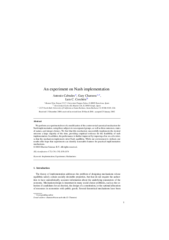 (PDF) An experiment on Nash implementation