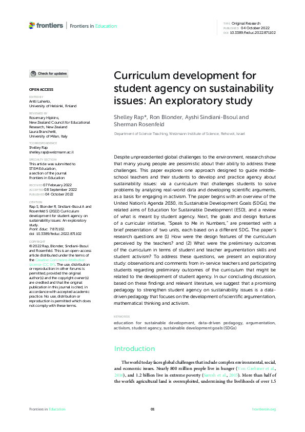 (PDF) Curriculum development for student agency on sustainability ...