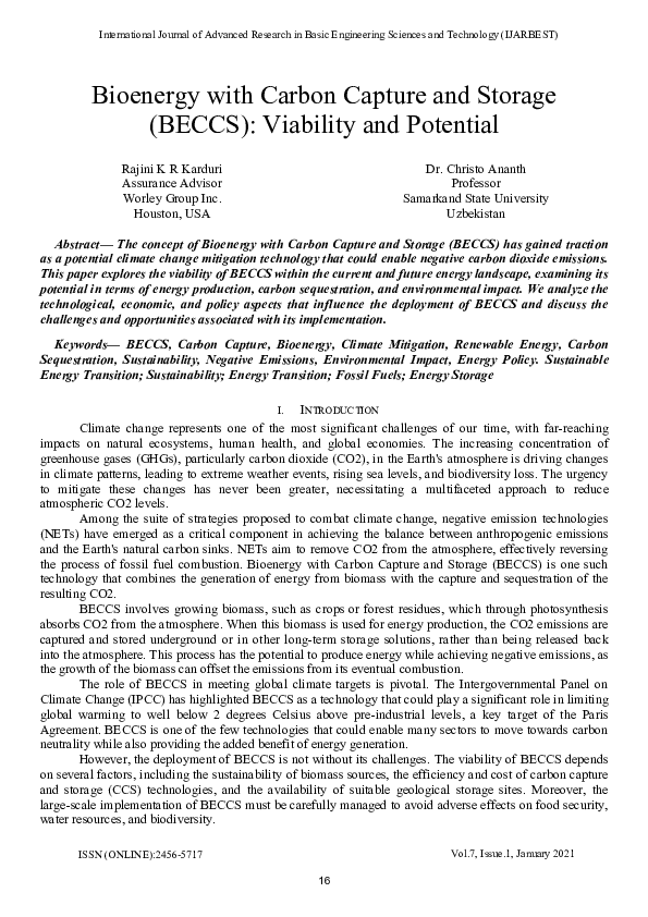 (PDF) Bioenergy with Carbon Capture and Storage (BECCS): Viability and ... (PDF) Bioenergy with Carbon Capture and Storage (BECCS): Viability and ...