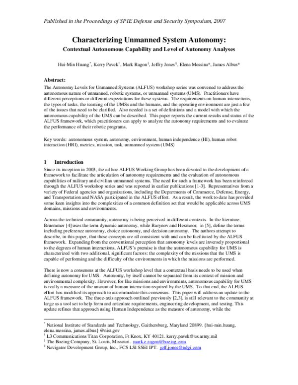 (PDF) Characterizing unmanned system autonomy: contextual autonomous capability and level of ...