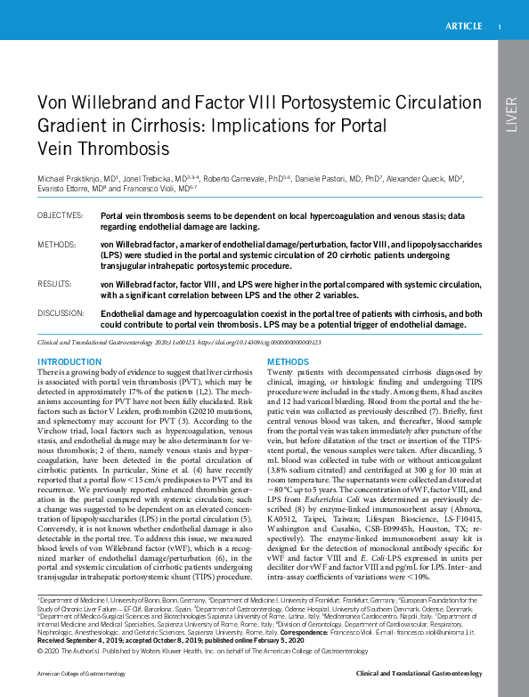 (PDF) Von Willebrand and Factor VIII Portosystemic Circulation Gradient ...