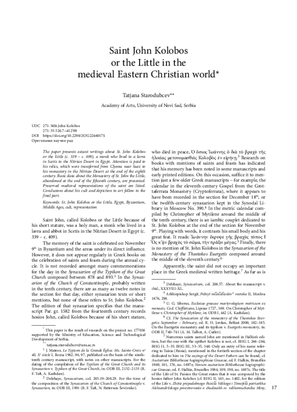 (PDF) Saint John Kolobos or the Little in the medieval Eastern ...