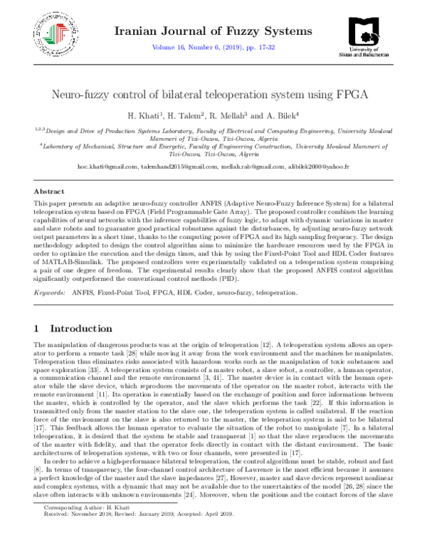 (PDF) Neuro-fuzzy control of bilateral teleoperation system using FPGA