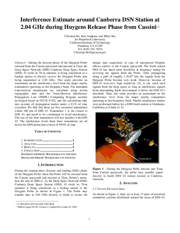 (PDF) Interference estimate around Canberra DSN station at 2.04 GHz during Huygens release phase