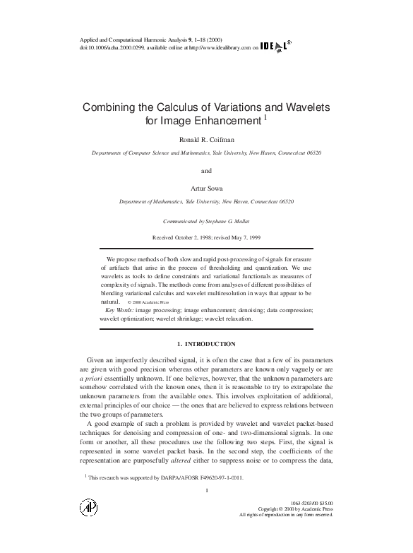 (PDF) Combining the Calculus of Variations and Wavelets for Image Enhancement | Ronald Coifman ...