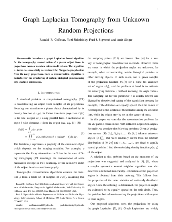 Pdf Graph Laplacian Tomography From Unknown Random Projections Ronald Coifman