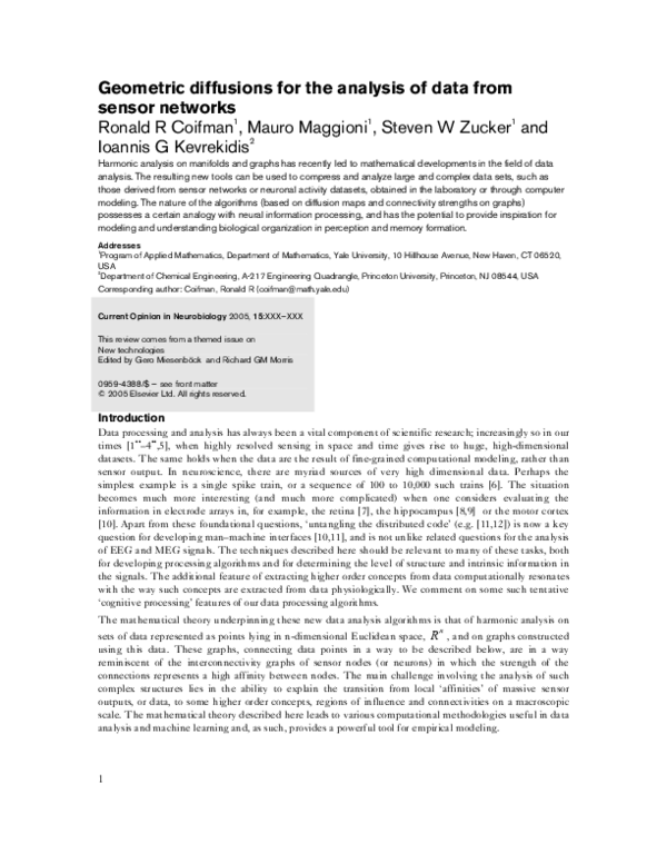 (PDF) Geometric diffusions for the analysis of data from sensor networks