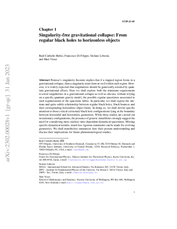 (PDF) Singularity-Free Gravitational Collapse: From Regular Black Holes to Horizonless Objects