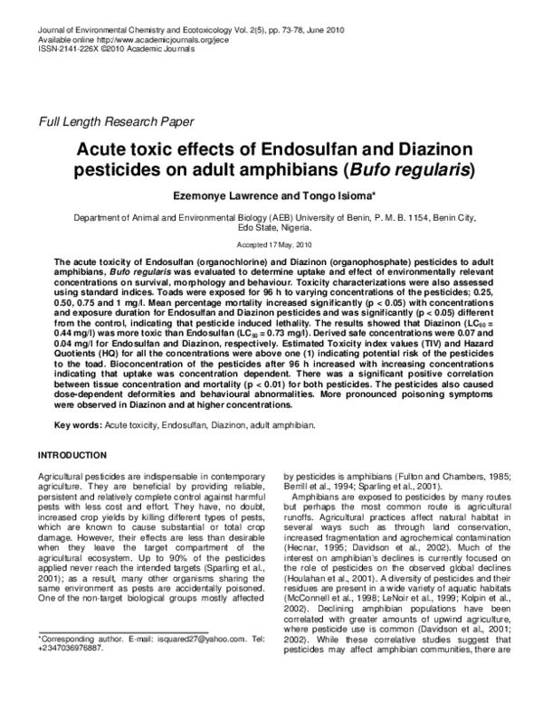Pdf Acute Toxic Effects Of Endosulfan And Diazinon Pesticides On