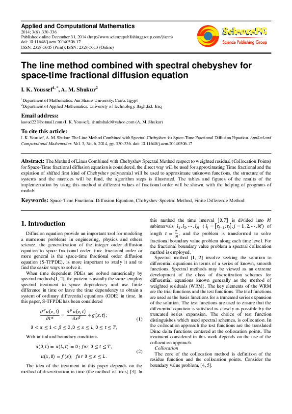 Pdf The Line Method Combined With Spectral Chebyshev For Space Time Fractional Diffusion