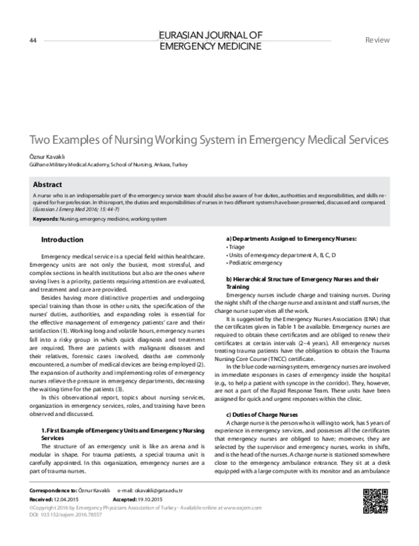 (PDF) Two Examples of Nursing Working System in Emergency Medical ...