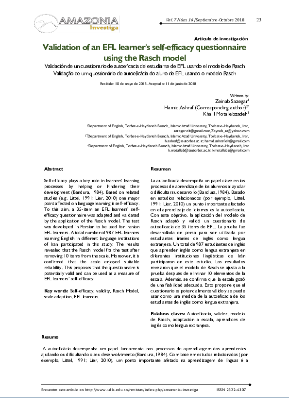 (PDF) Validation of an EFL learner's self-efficacy questionnaire using the Rasch model
