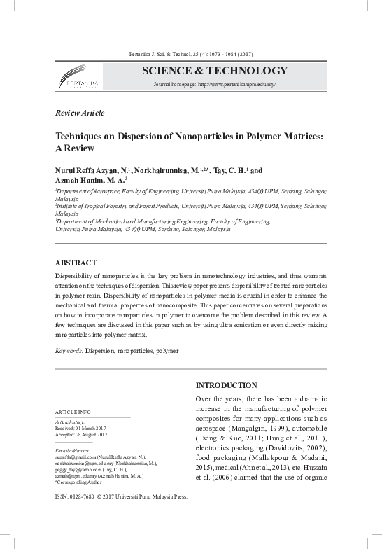 (PDF) Techniques on dispersion of nanoparticles in polymer matrices: a ...