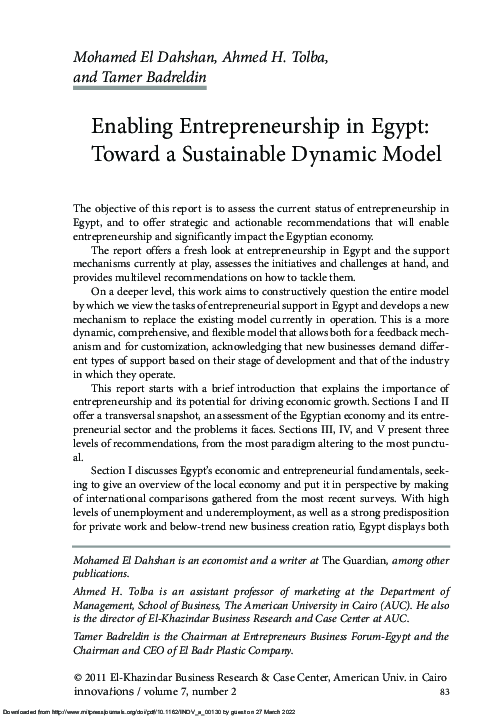 (PDF) Enabling Entrepreneurship in Egypt: Toward a Sustainable Dynamic ...