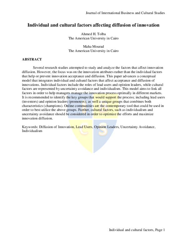 (PDF) Individual and cultural factors affecting diffusion of innovation