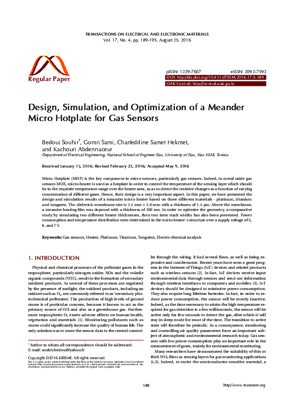 (PDF) Design, Simulation, and Optimization of a Meander Micro Hotplate for Gas Sensors
