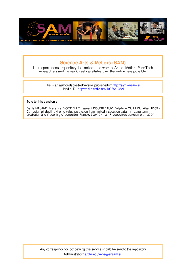 (PDF) Corrosion pit depth extreme value prediction from limited ...