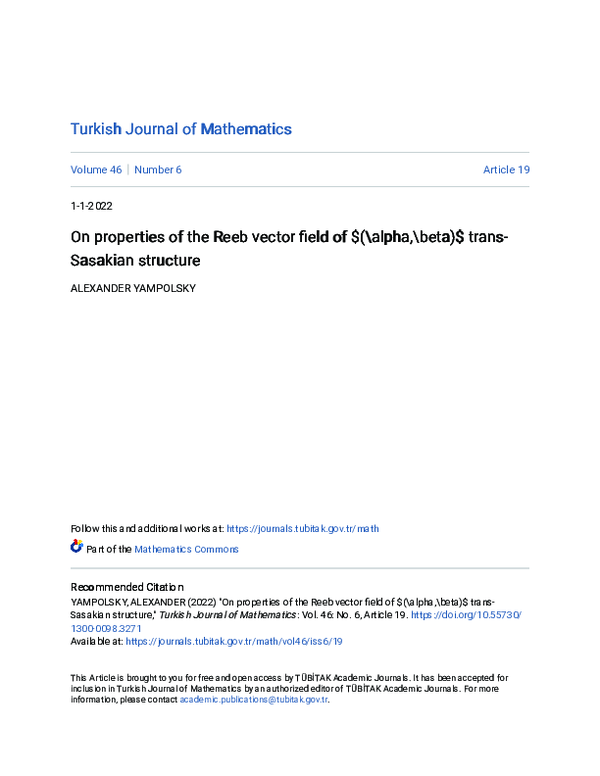 (PDF) On properties of the Reeb vector field of $(\alpha,\beta)$ trans-Sasakian structure
