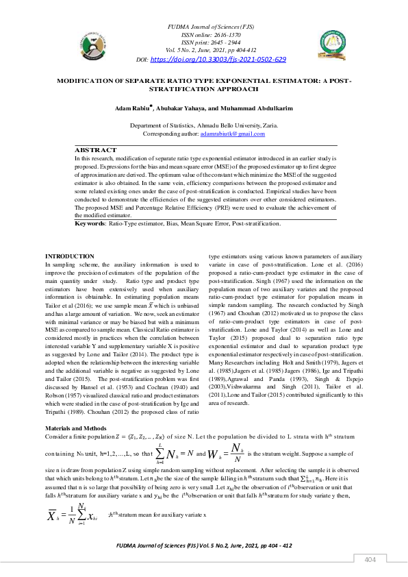 Pdf Modification Of Separate Ratio Type Exponential Estimator A Post Stratification Approach