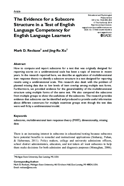 (PDF) The Evidence for a Subscore Structure in a Test of English ...