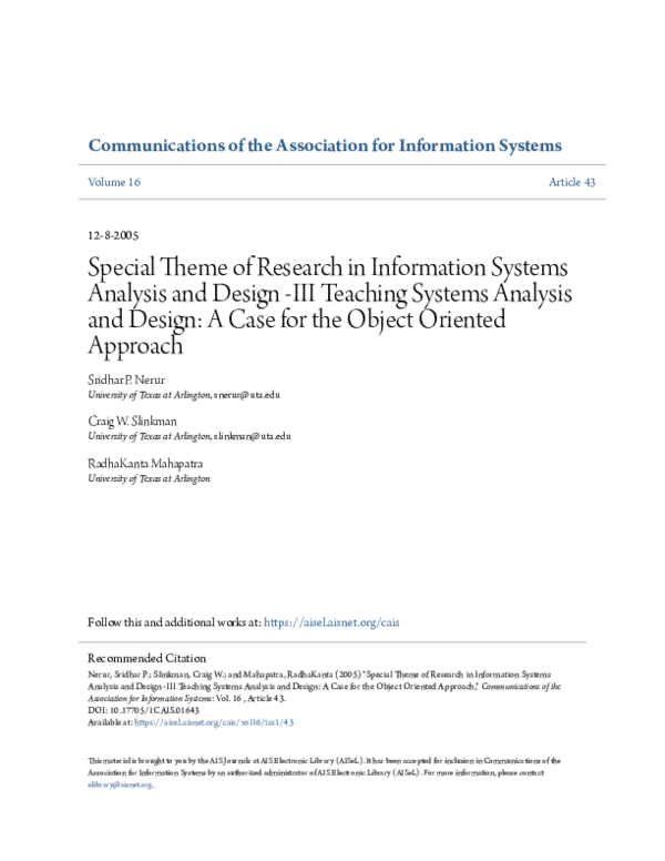 Pdf Special Theme Of Research In Information Systems Analysis And