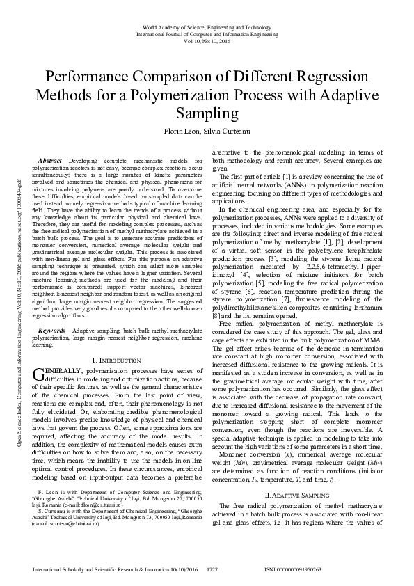 (PDF) Performance Comparison Of Different Regression Methods For A Polymerization Process With ...