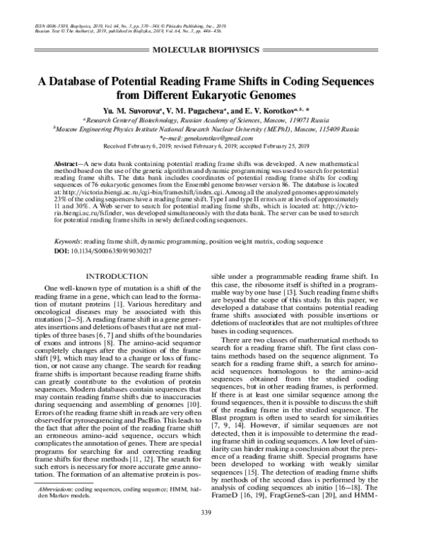 Pdf A Database Of Potential Reading Frame Shifts In Coding Sequences From Different Eukaryotic