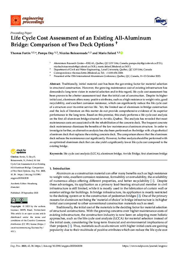 (PDF) Life Cycle Cost Assessment of an Existing All-Aluminum Bridge: Comparison of Two Deck Options