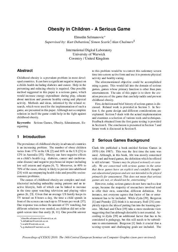 (PDF) Obesity in Children - A Serious Game