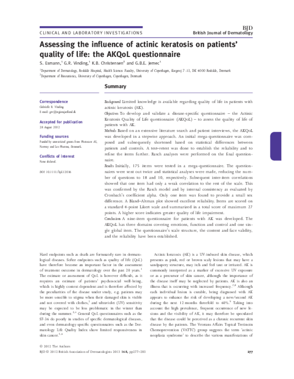 (PDF) Assessing the influence of actinic keratosis on patients’ quality ...