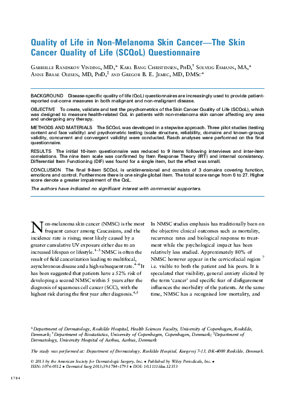 (PDF) Quality of Life in Non-Melanoma Skin Cancer—The Skin Cancer ...