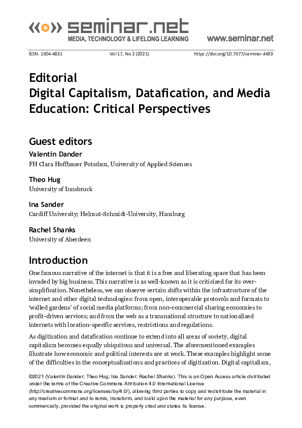 (PDF) Digital Capitalism, Datafication, and Media Education