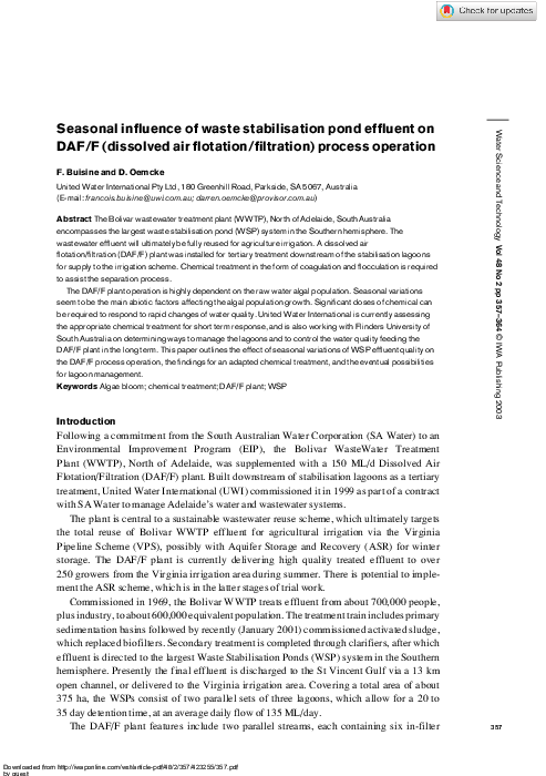(PDF) Seasonal influence of waste stabilisation pond effluent on DAF/F ...