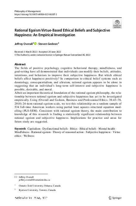 (PDF) Rational Egoism Virtue-Based Ethical Beliefs and Subjective Happiness: An Empirical ...